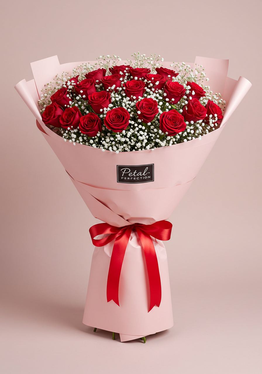 100 Red Roses & Gyp Bouquet – Petal Perfection